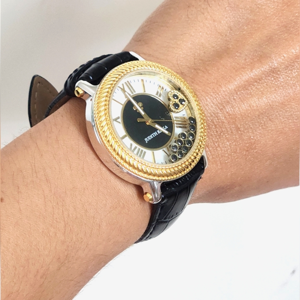 Judith Ripka Croc-Embossed Black Leather Watch Gold T… - Gem